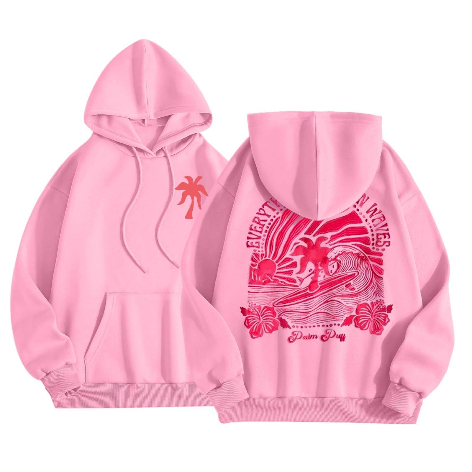 Pink Palm Puff Hoodie Ping-Pong Puff Hoodie Casual Workout Hoodies Long ...