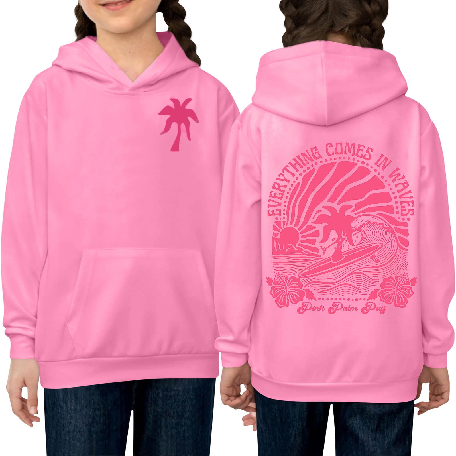 Pink Palm Puff Hoodie for Teen Girls Kids Cute Preppy Sweatshirts Long ...