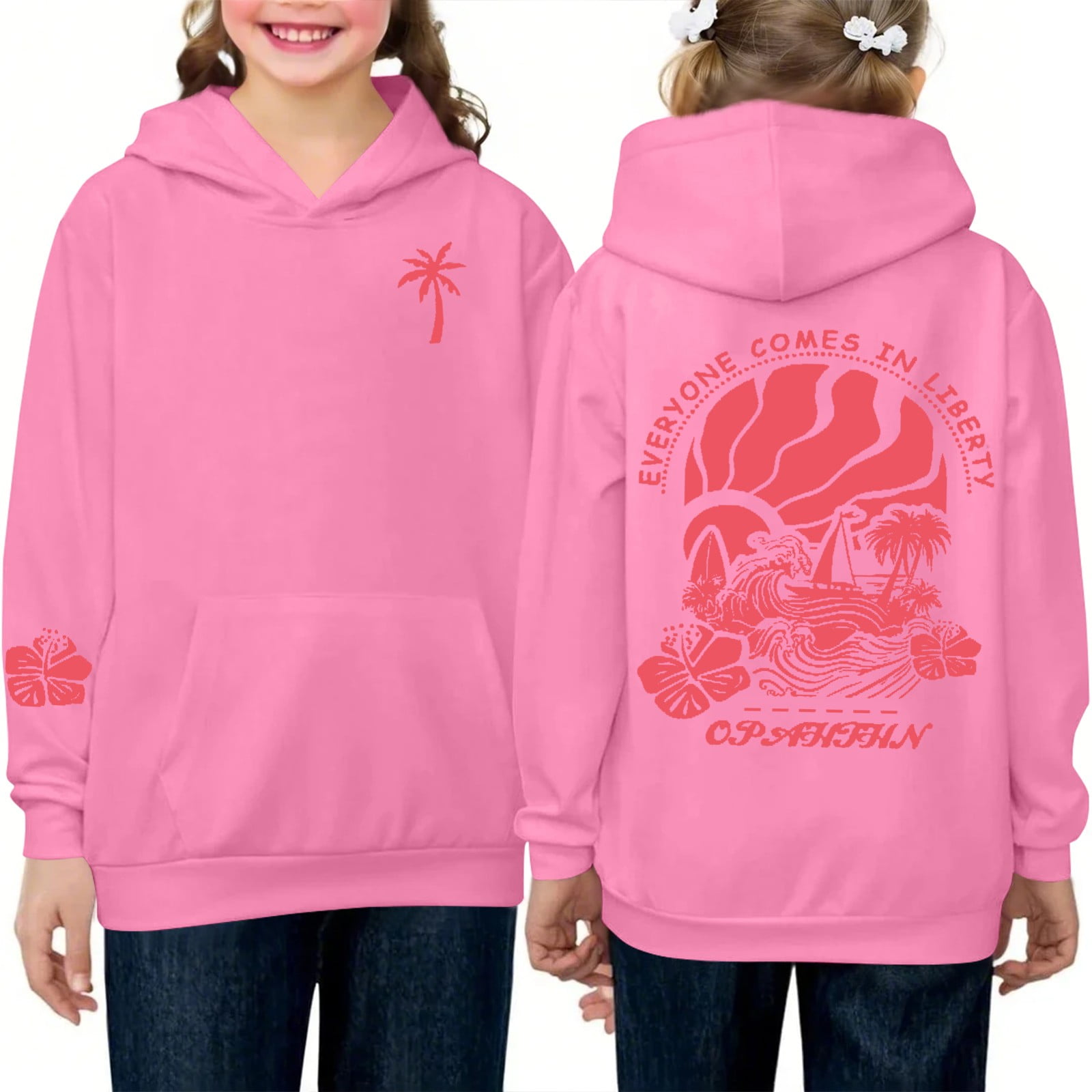 Pink Palm Puff Hoodie for Teen with Pockets Pink 7-8 Years - Walmart.com