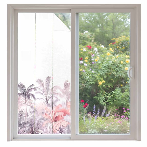 Pink Palm Tree Window Privacy Film, Forest Tropical Plants Flower Leaf ...