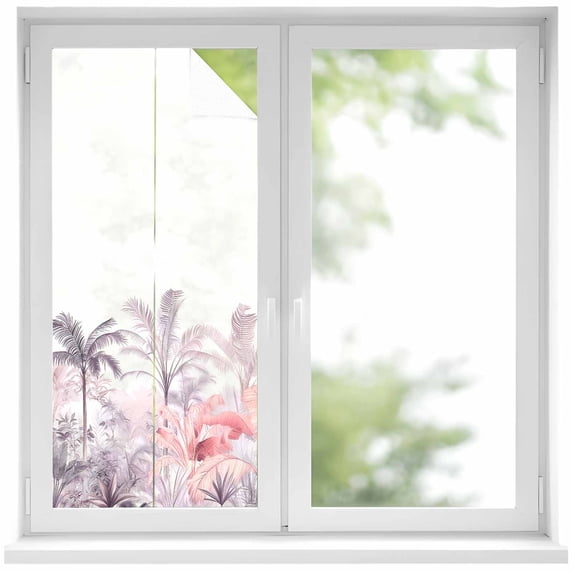Pink Palm Tree Window Privacy Film, Forest Tropical Plants Flower Leaf ...