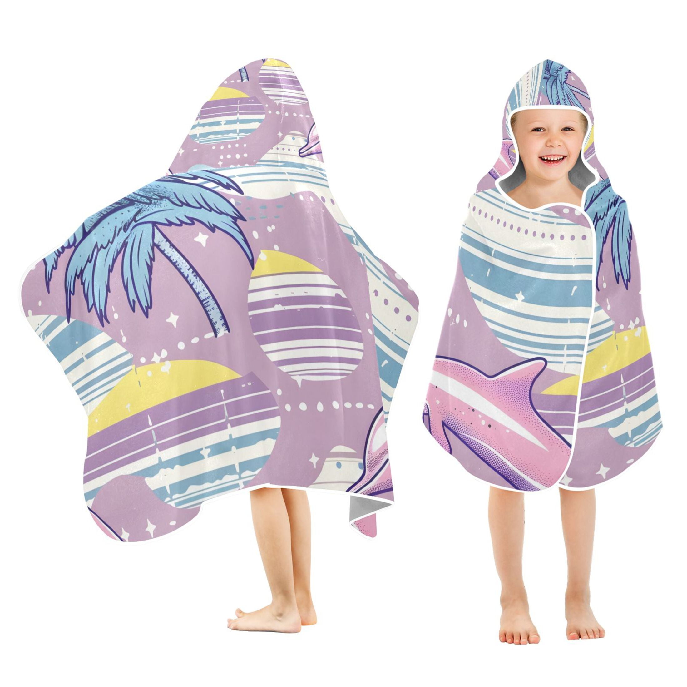 Pink Palm Tree and Dolphin Kids Hooded Beach Towel Baby Bath Poncho ...