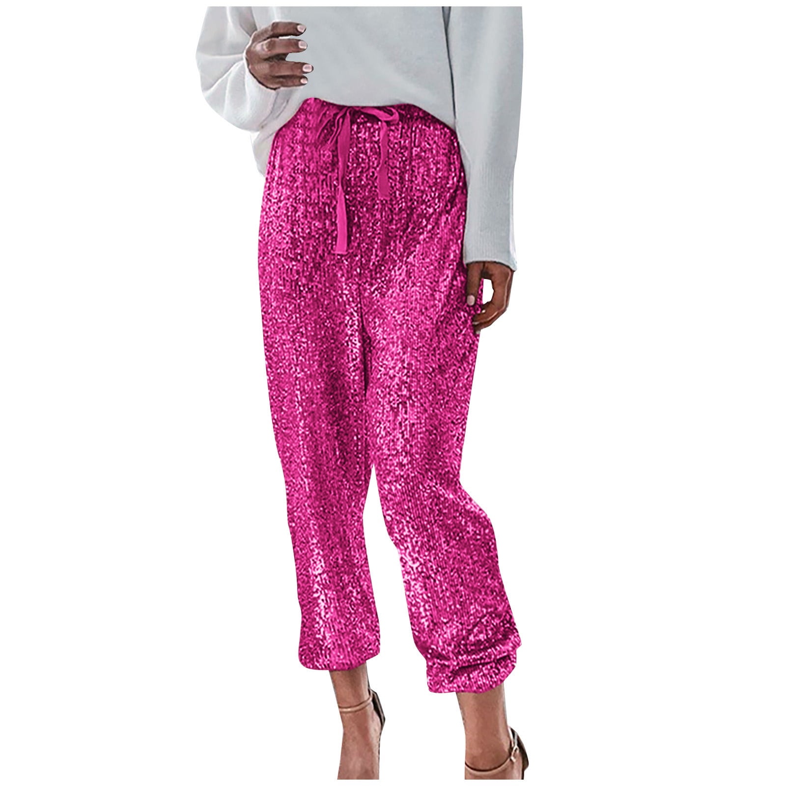 Pink Pants for Ladies Fall Summer Loose Fit Brunch Sequin Sparkly High ...