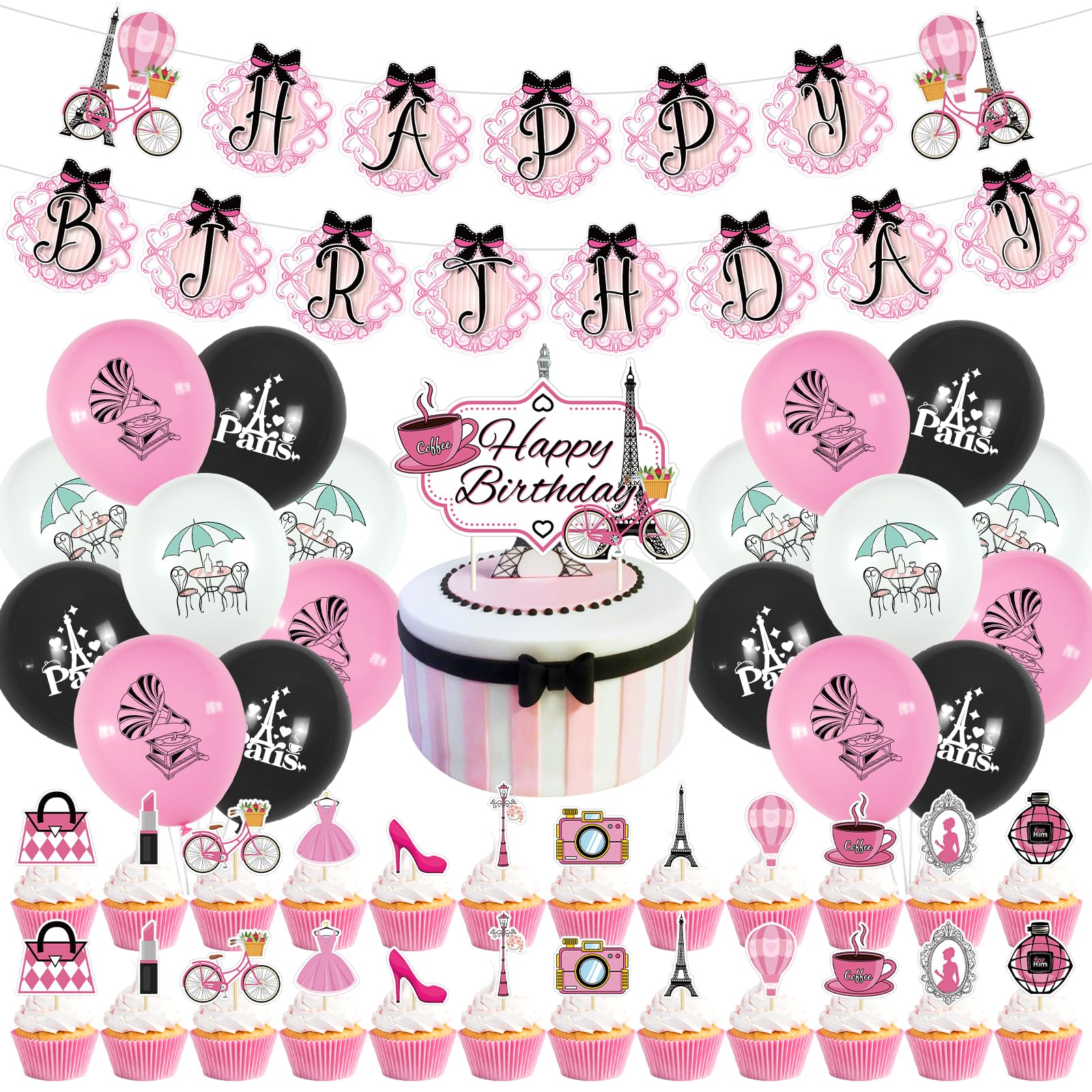 Pink Paris Birthday Party MMF7 Decorations Set Happy Birthday Party ...
