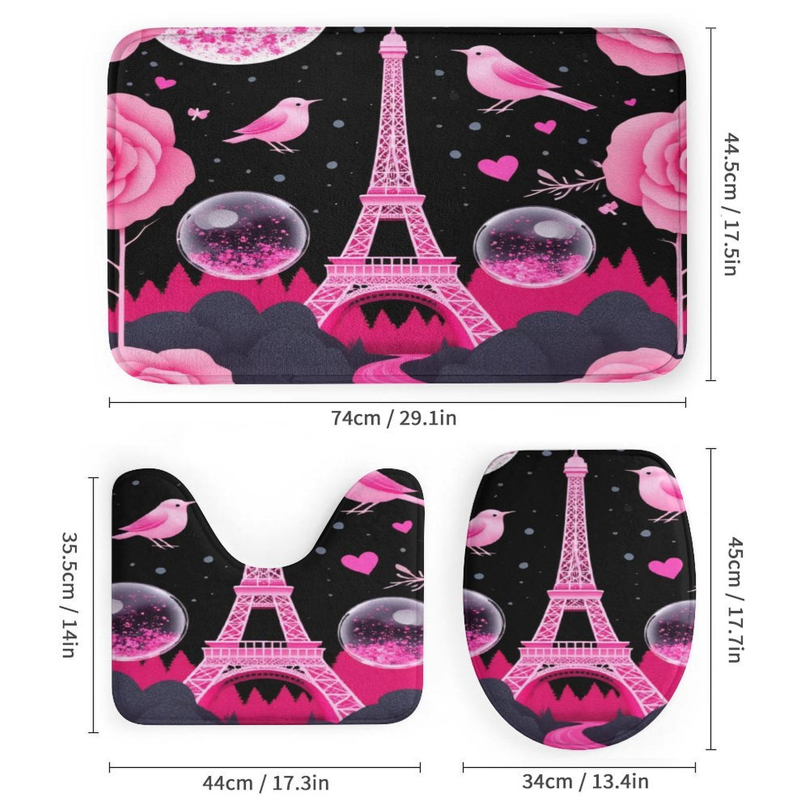 Pink Paris Eiffel Tower Floral Print Bathroom Rugs Sets 3 Piece Toilet ...