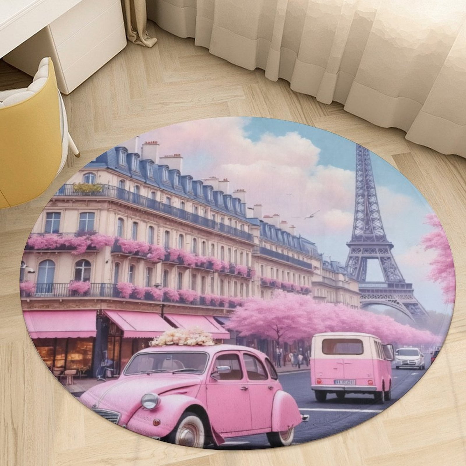 Pink Paris Eiffel Tower Street Round Area Rugs for Bedroom Living Room ...