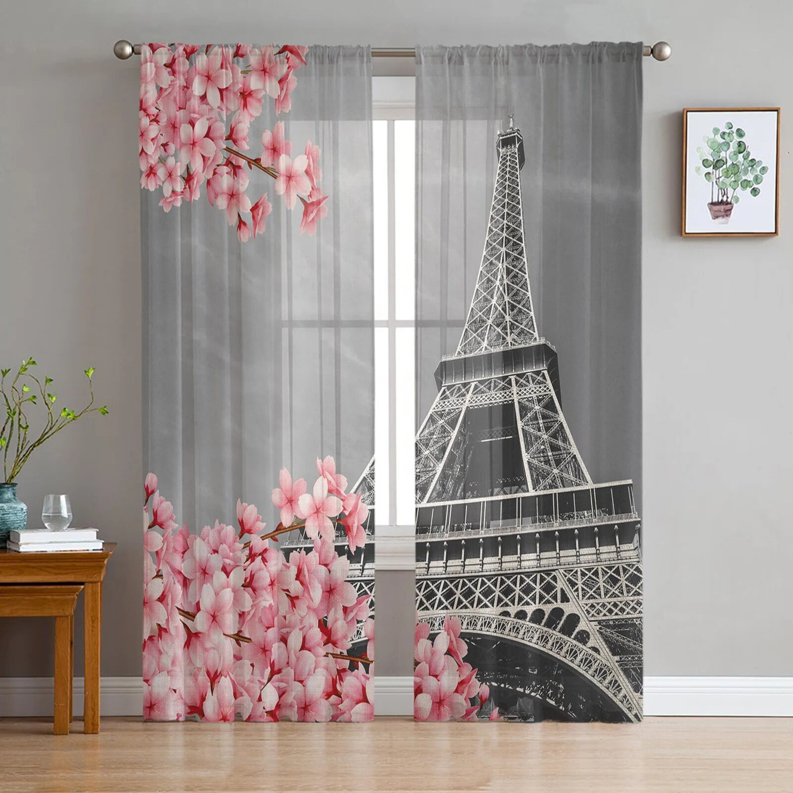 Pink Paris Tower High Heels Female White Sheer Curtains for Living Room ...