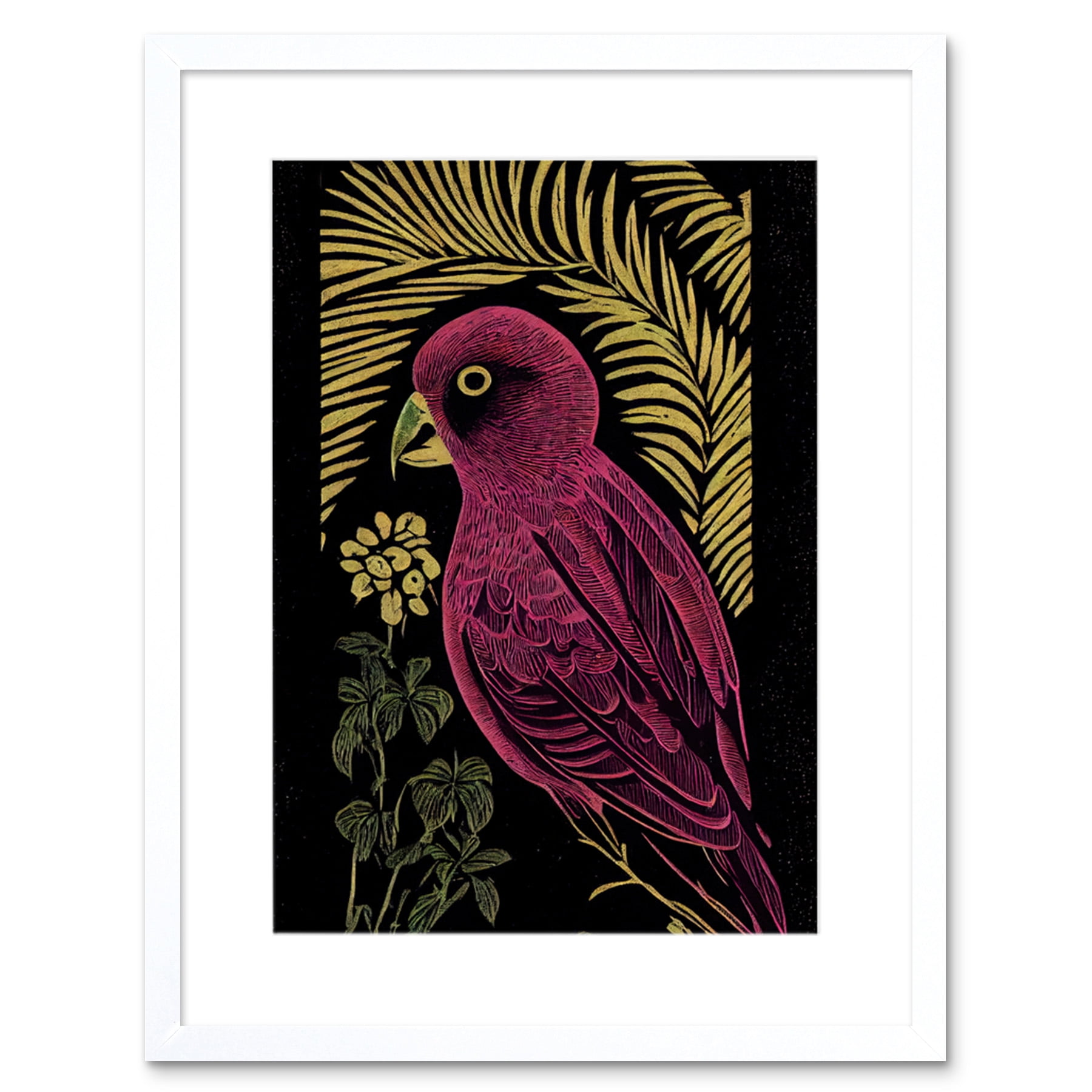 Pink Parrot Bird Black Gold Tropical Plants Modern Vintage Linocut ...