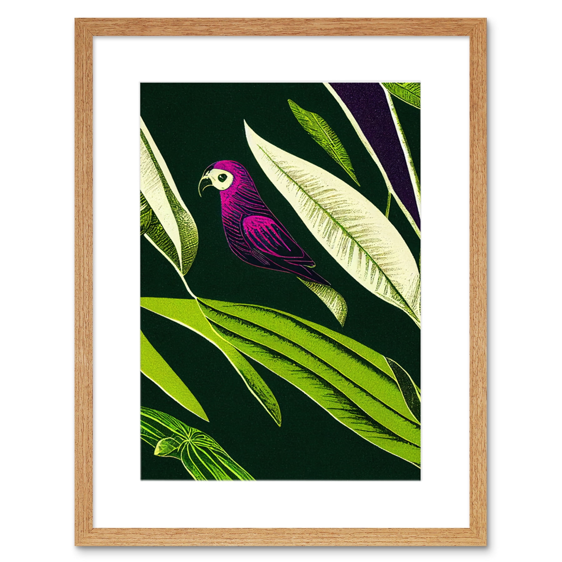 Pink Parrot and Tropical Plant Leaves Vintage Linocut Pattern Detail ...