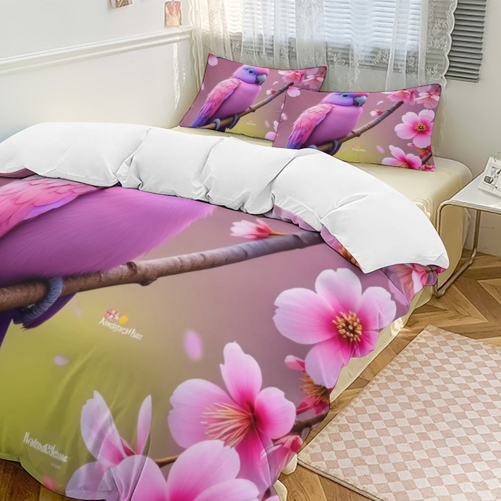 Pink Parrot on Cherry Blossom Branch 3D Duvet Cover Set Quilt Cover ...