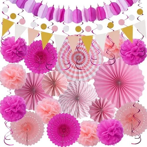 Pink Party Decorations - 33pcs Hanging Paper Fans, Rainbow Paper Pom ...