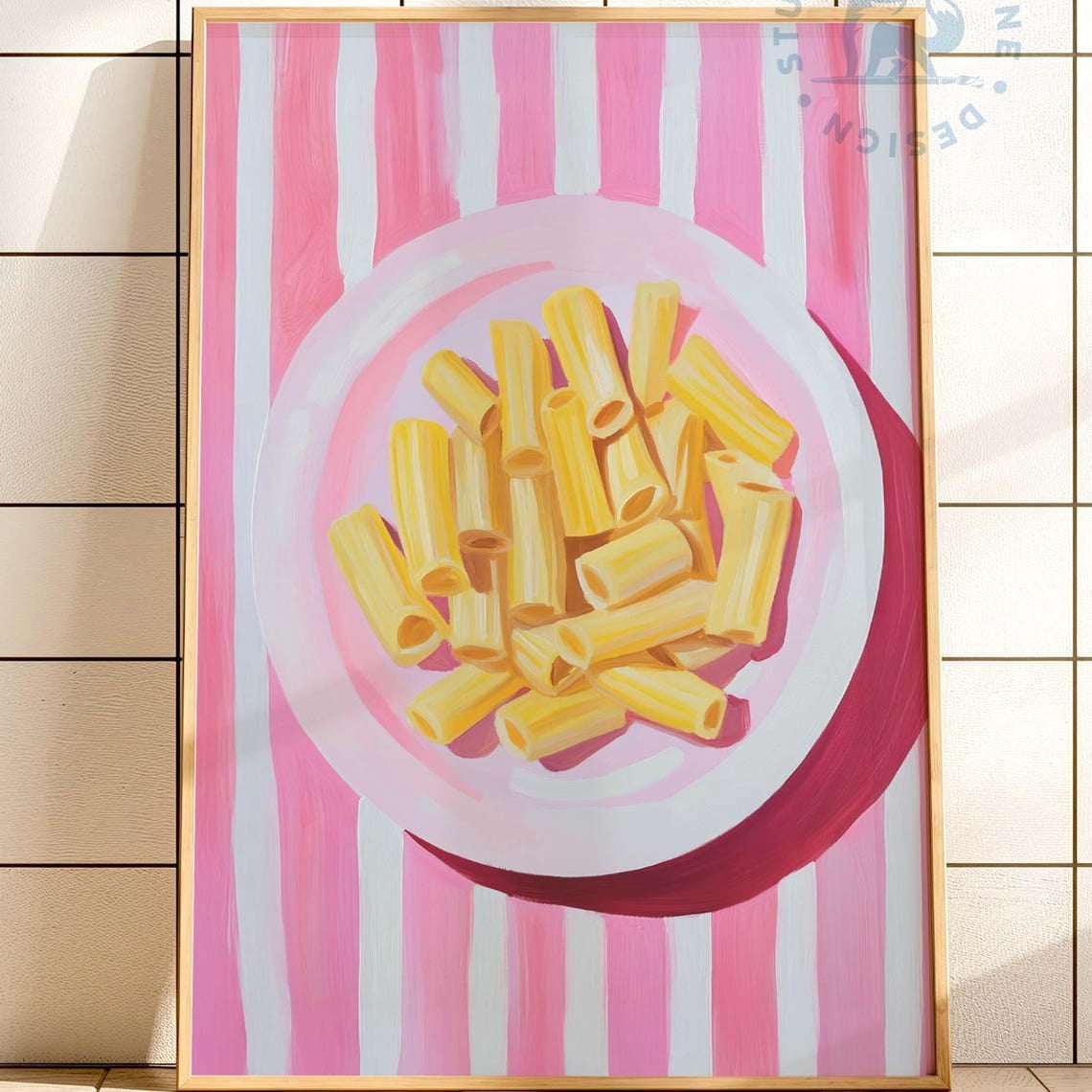 Pink Pasta Wall Art, Kitchen Illustration, Wall Decor, Striped ...