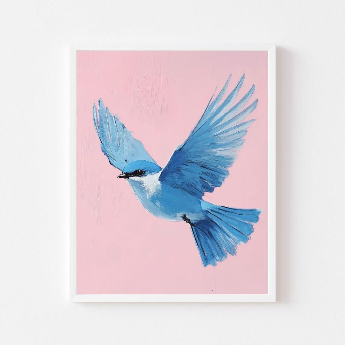 Pink Pastel Bluebird Flying Painting Colorful Blue Bird Wall Art Print ...