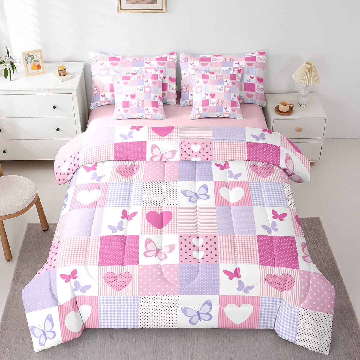 Pink Patchwork Comforter Set 7 Piece Queen Size,Love Heart Pattern Bed ...