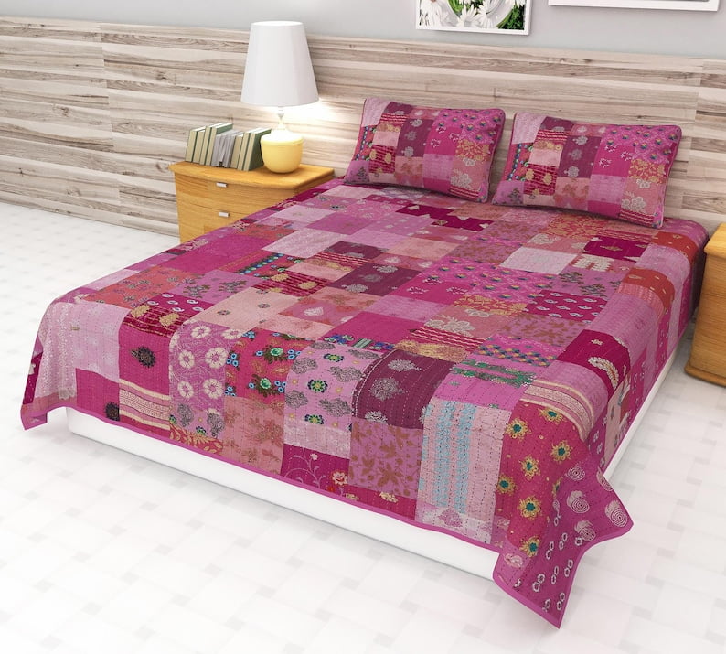 A And E Textiles House Premium Pink Patchwork Kantha Quilt Handmade ...