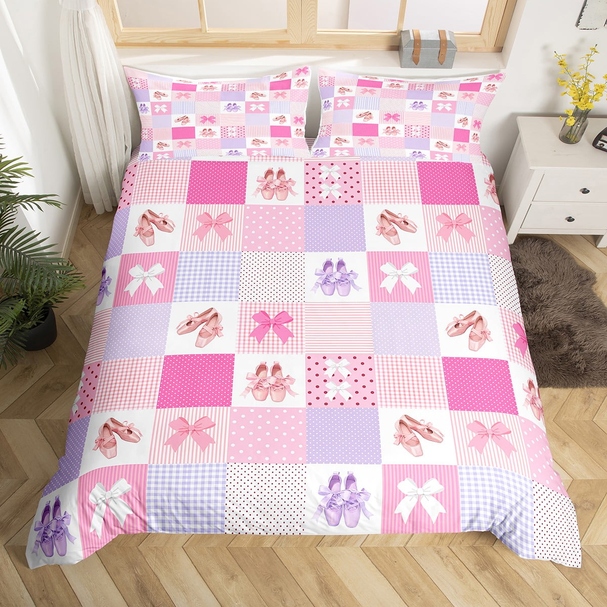 Pink Patchwork Twin Duvet Cover for Girls Pink Bowknot Bedding Set ...