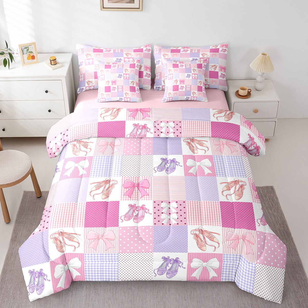 Pink Patchwork Twin Size Bed in a Bag,Pink Bowknot Comforter Set 7 ...