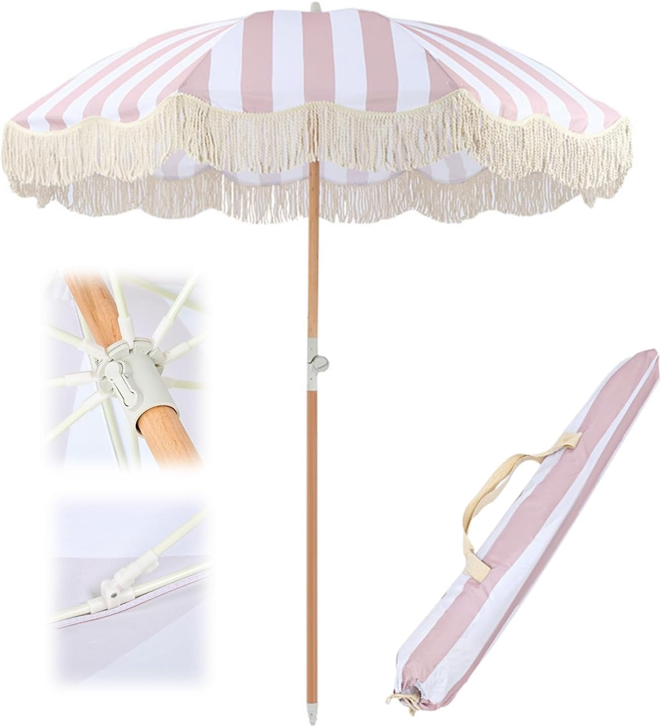 Pink Patio Umbrella 6.5ft White Stripe Boho Umbrella With Tassels Beach ...
