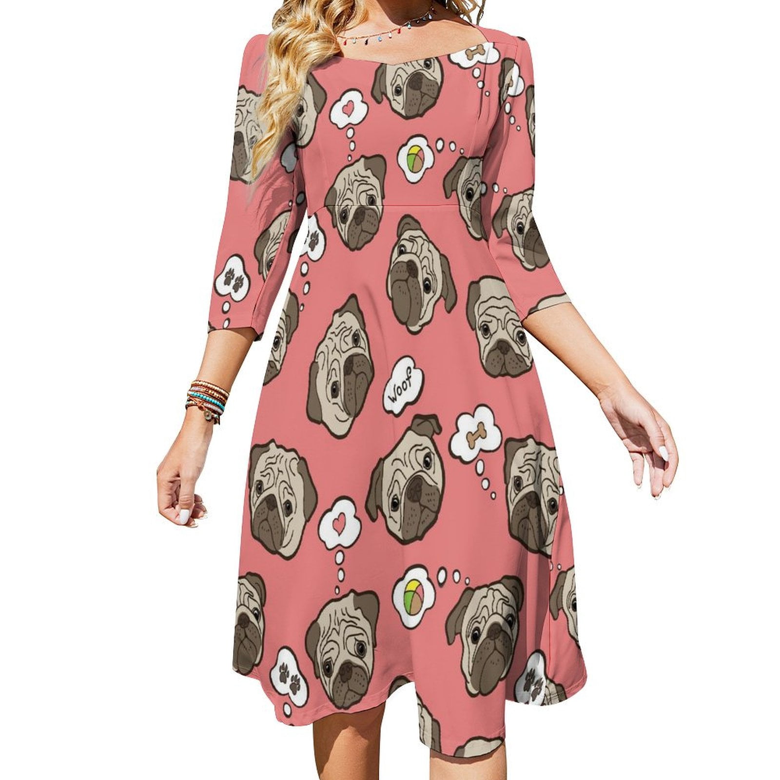 Pink Pattern with Cute Pugs Sweetheart Knot Flared Dress Fashion Design ...