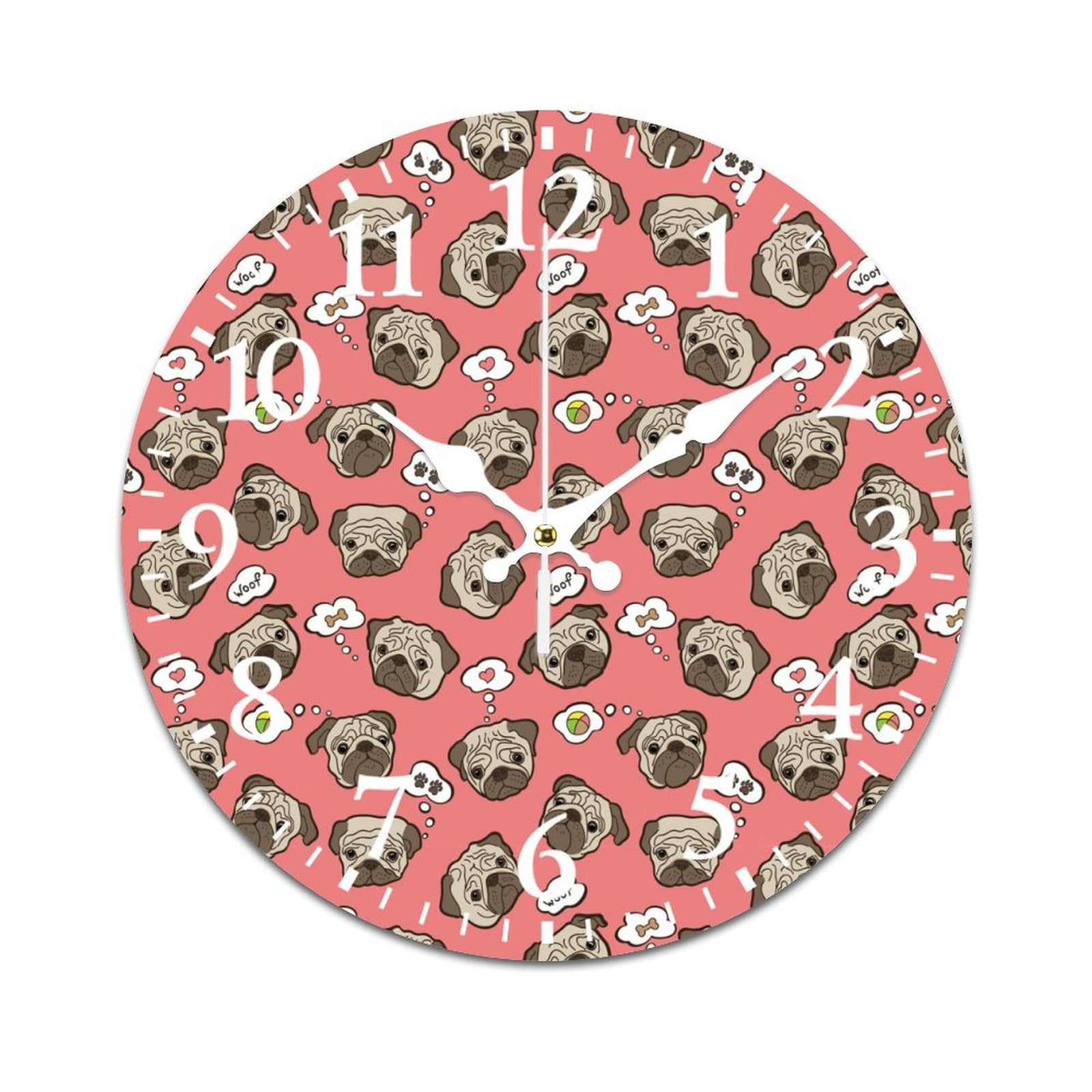 Pink Pattern with Cute Pugs Wall Clock Modern Design Clocks Wall ...