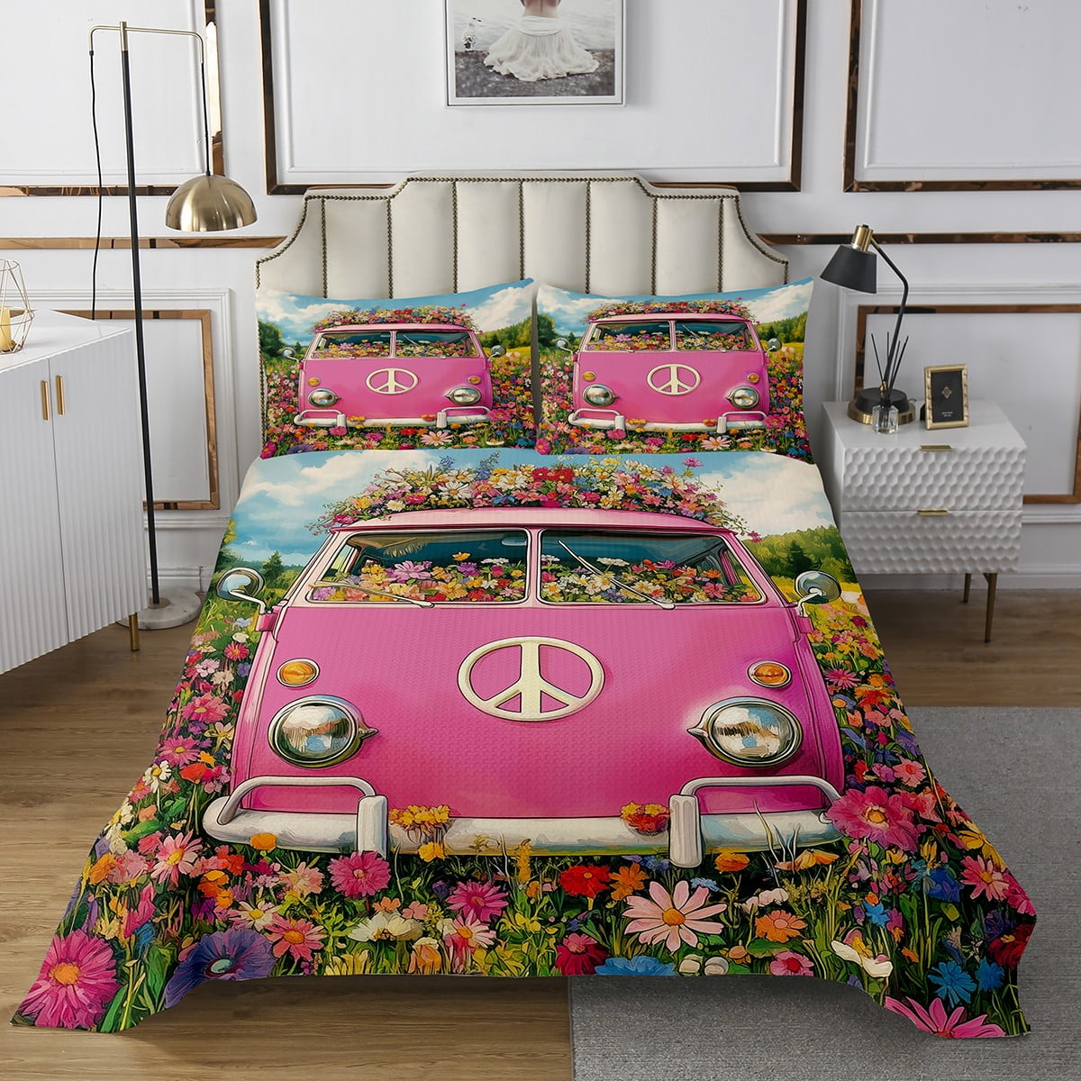 Pink Peace Sign Bus Bedspread Queen Size,Colorful Daisy Floral Bedding ...