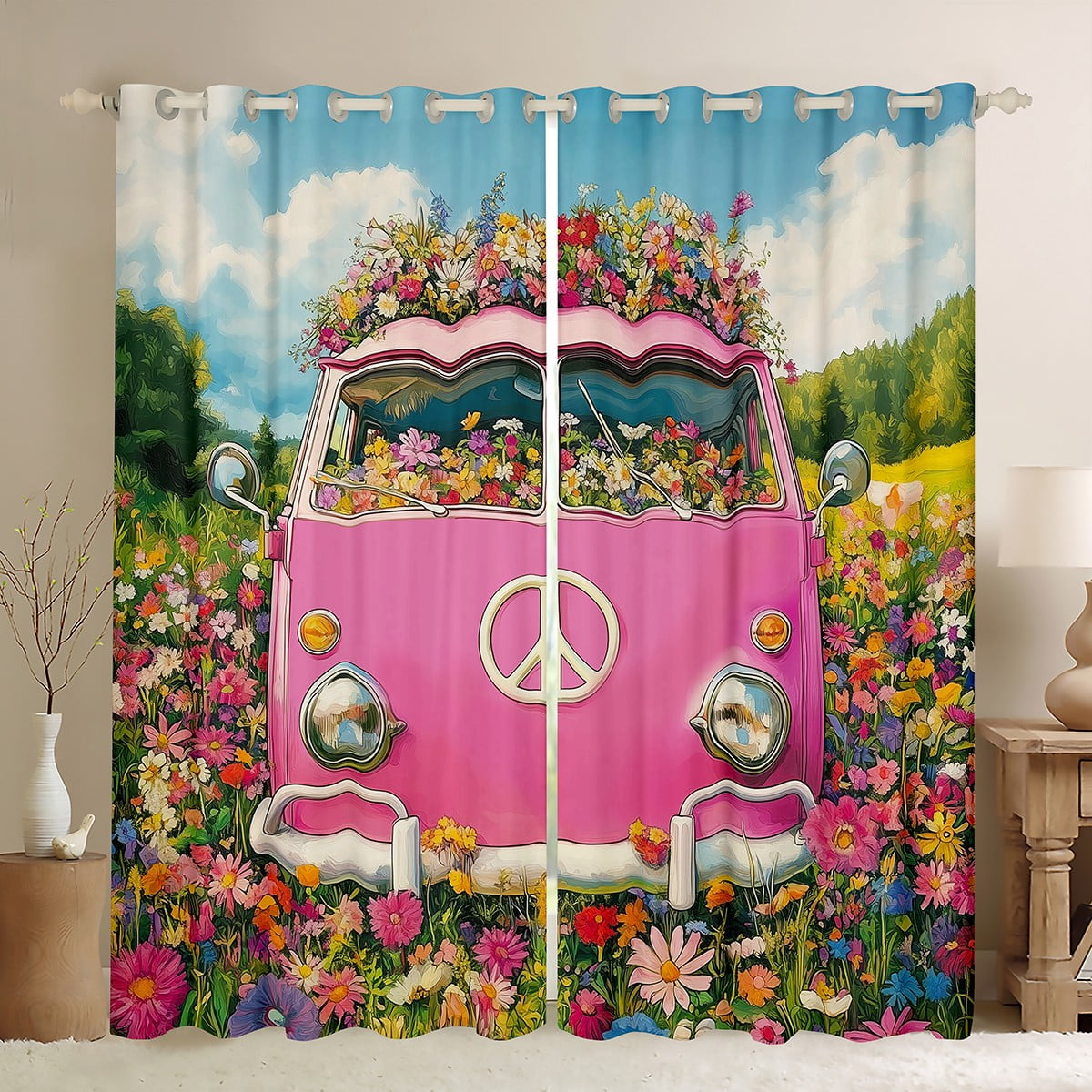 Pink Peace Sign Bus Curtains,Colorful Daisy Floral Window Curtain Teens ...