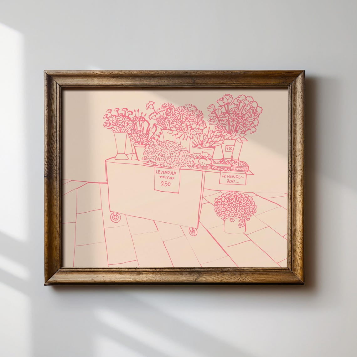 Pink Peach Flower Market Horizontal Doodle Line Illustration Print, Art ...