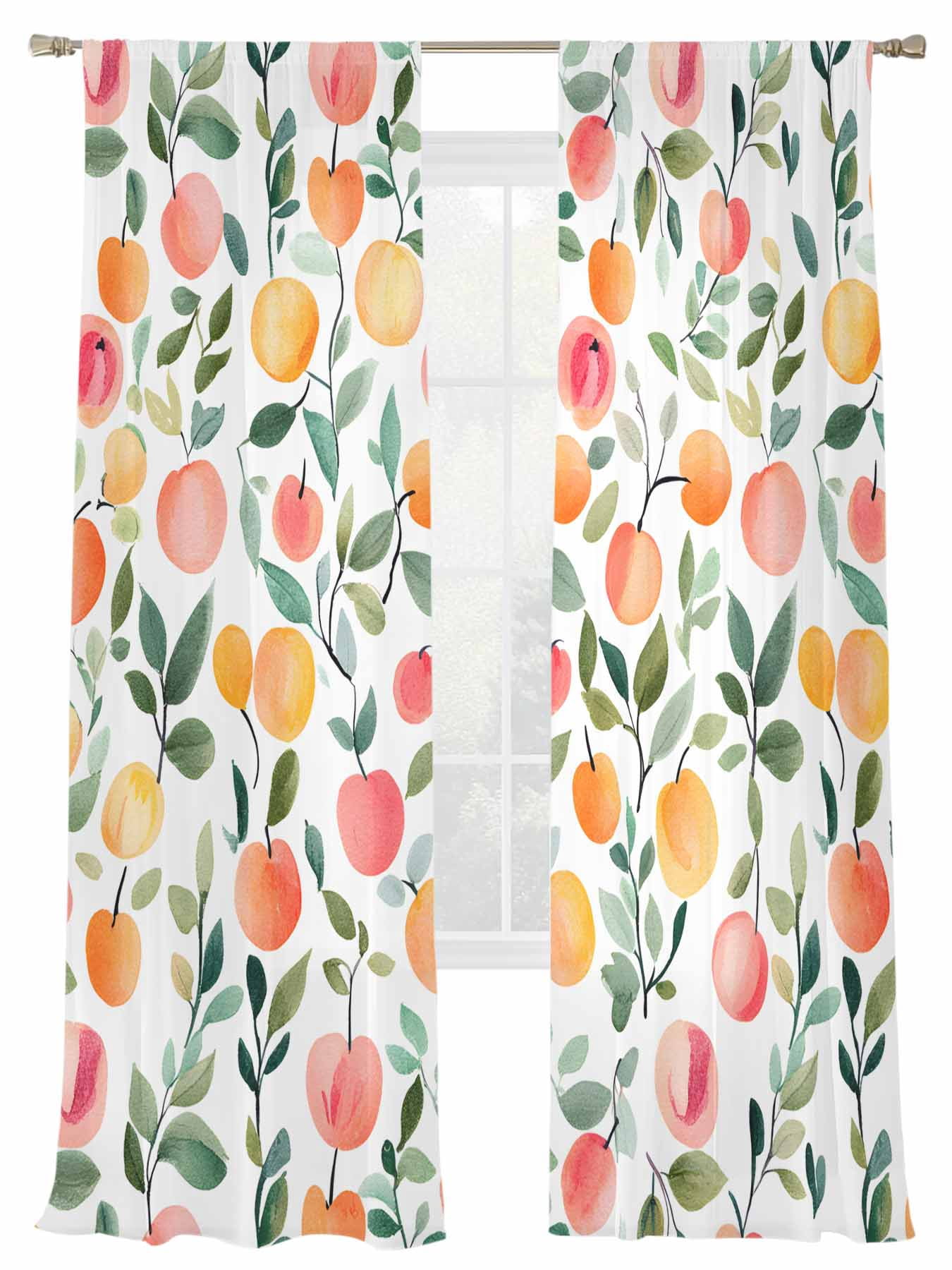 Pink Peach Sheer Curtains 2 Panels Set Country Style Spring Fruit Green ...
