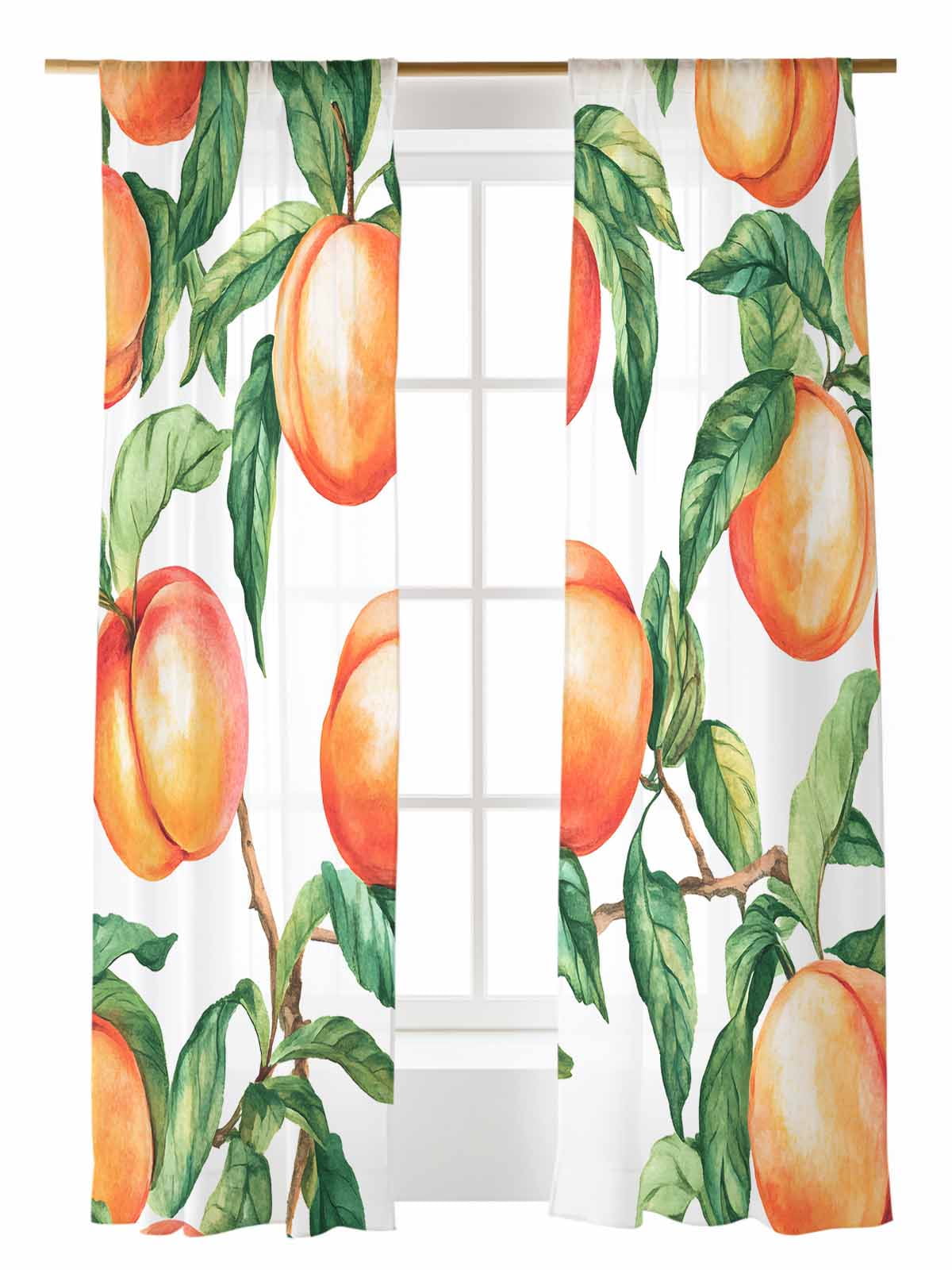 Pink Peach Sheer Curtains 2 Panels Set Green Leaf Spring Fruit Branch ...