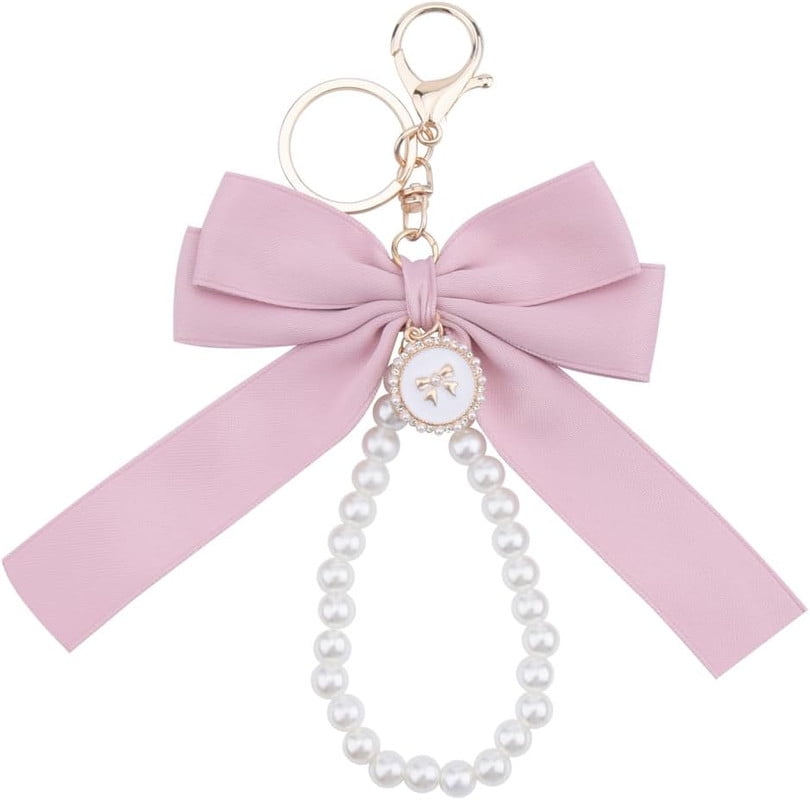 Pink Pearl Chain Bow Keychain For Women Girls White Pearl Keychain ...