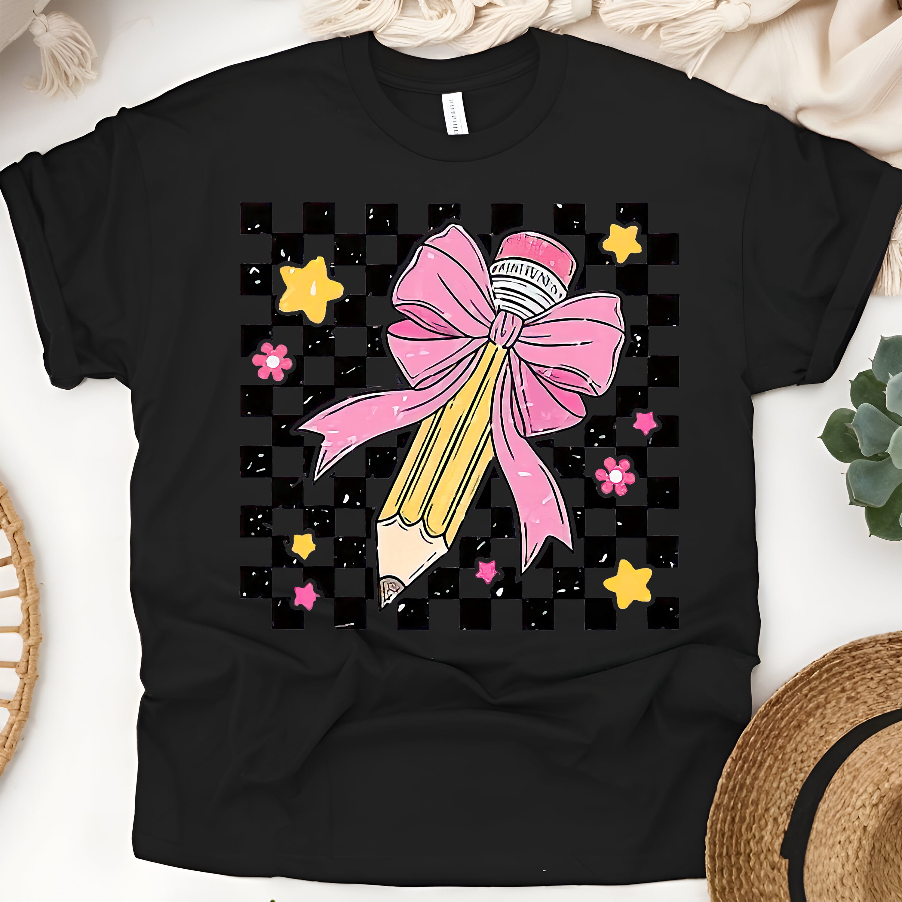 Cute Pink Pencil Graphic Tee – Retro Checkered Teacher Shirt, Black ...