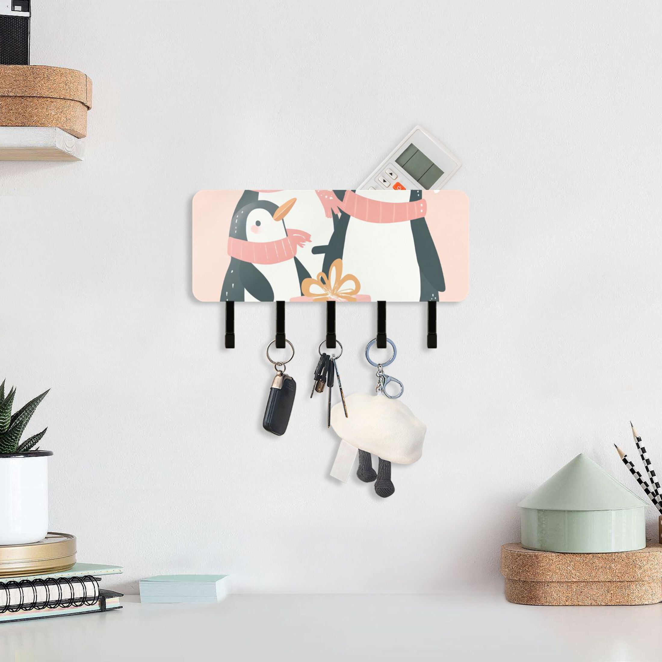Pink Penguins Gift Key Holder for Wall Mail Holder Organizer with 5 Key Hooks Wall Mount Key ...