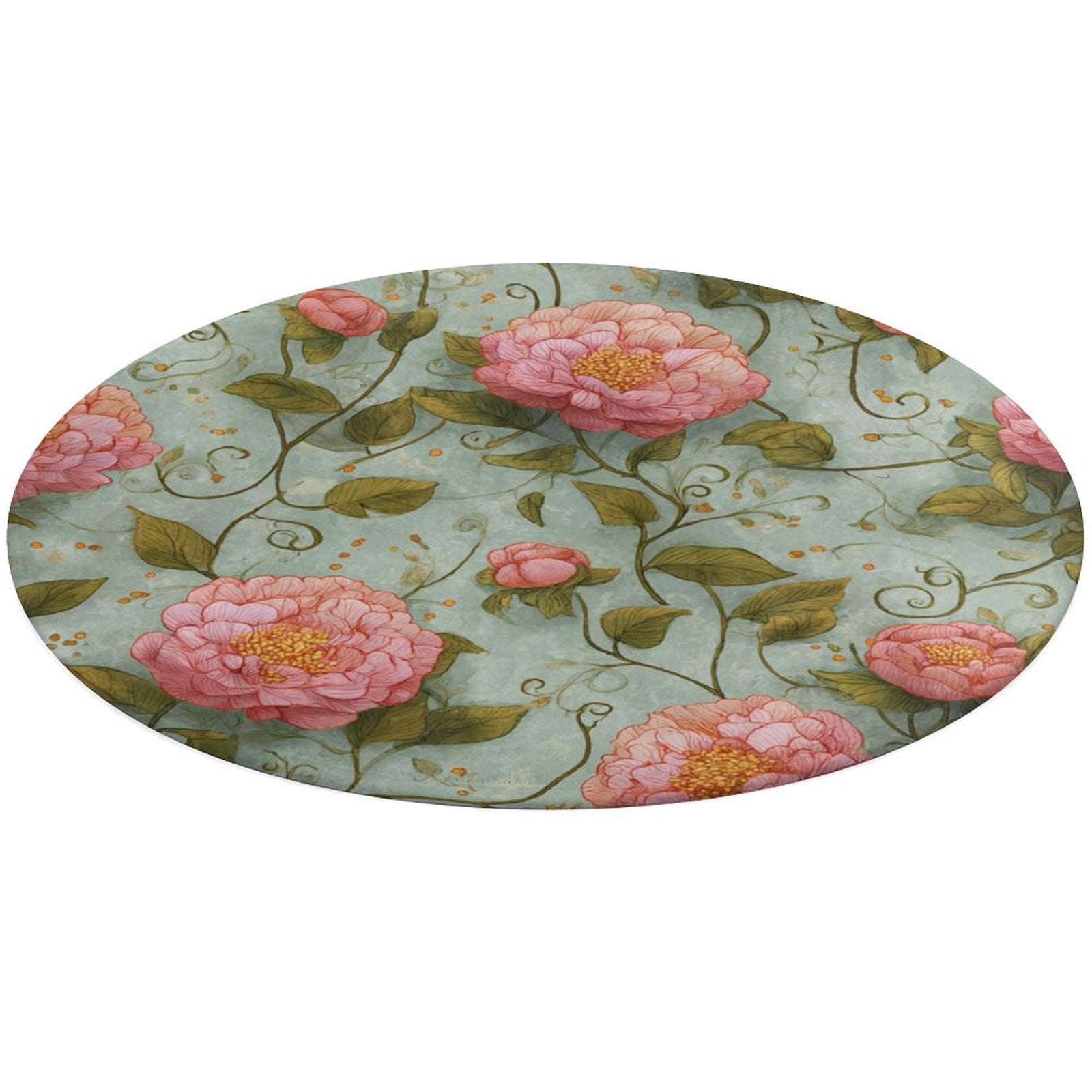 Pink Peonies Leafy Green Vines Floral Pattern Round Carpet Living Room ...