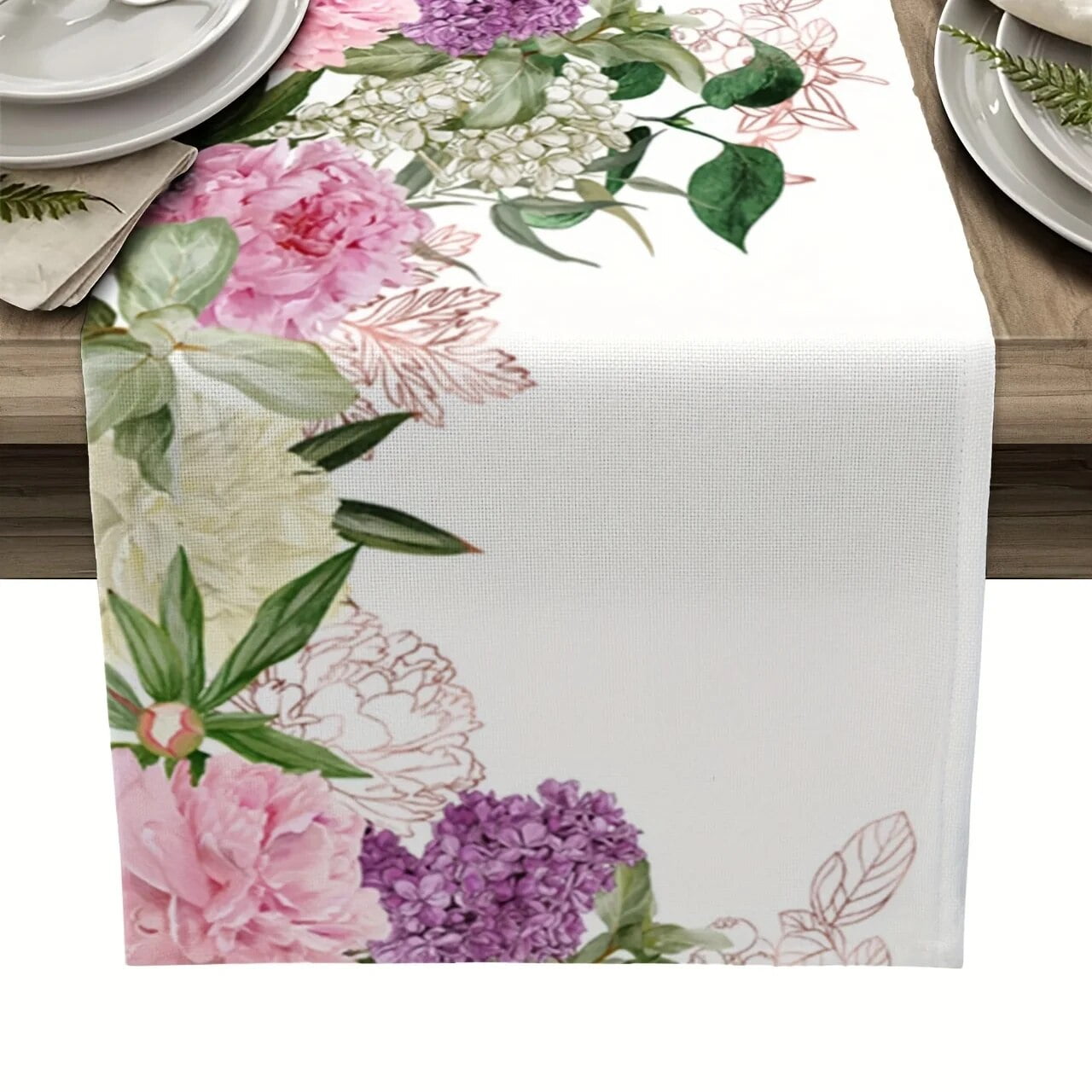 Pink Peonies Purple White Lilac Flowers Linen Table Runners Washable Dresser Scarf Table Decor ...