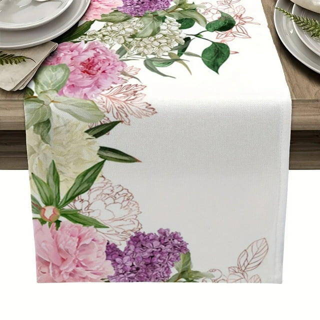 Pink Peonies Purple White Lilac Flowers Linen Table Runners Washable ...