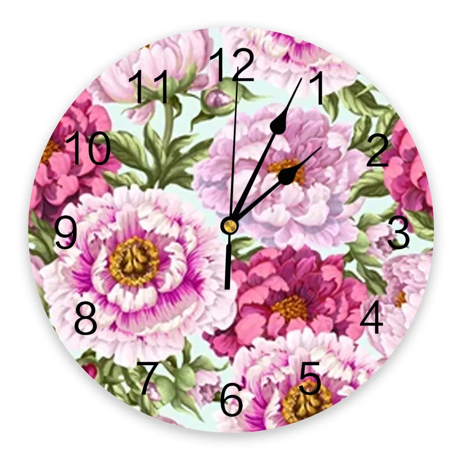 Pink Peonies Wall Clock Large Modern Kitchen Dinning Round Wall Clocks ...