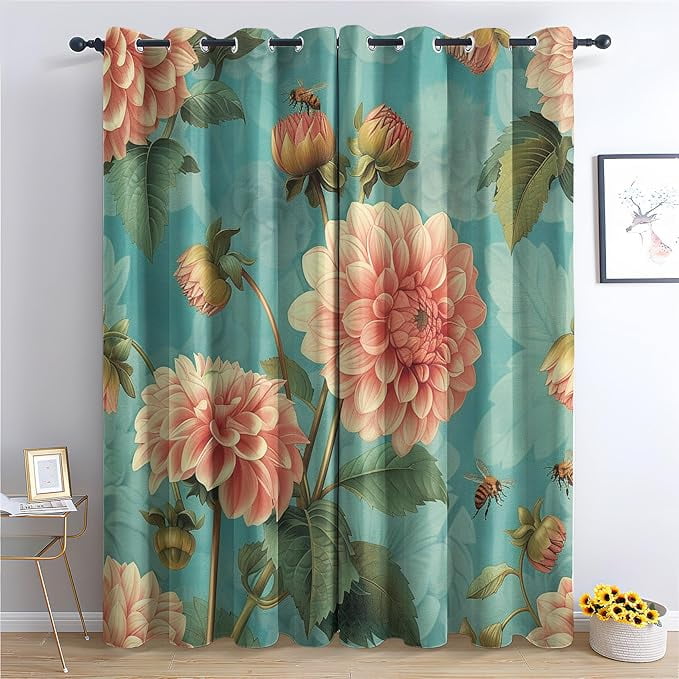 Pink Peony Curtains For Living Room, Retro Flowers Window Drapes ...