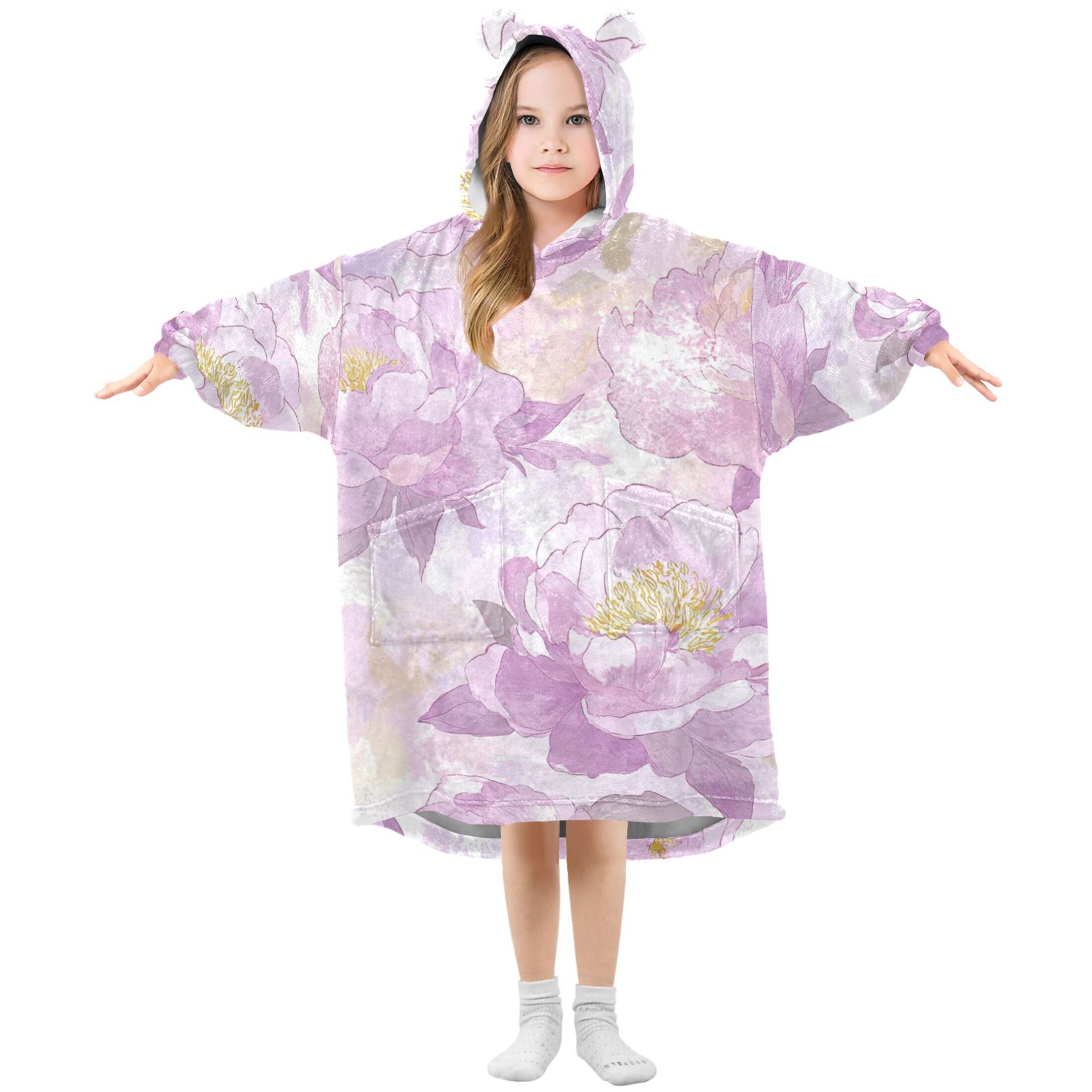 Pink Peony Flowers with Yellow Pistil Flannel Wearable Blankets Hooded ...
