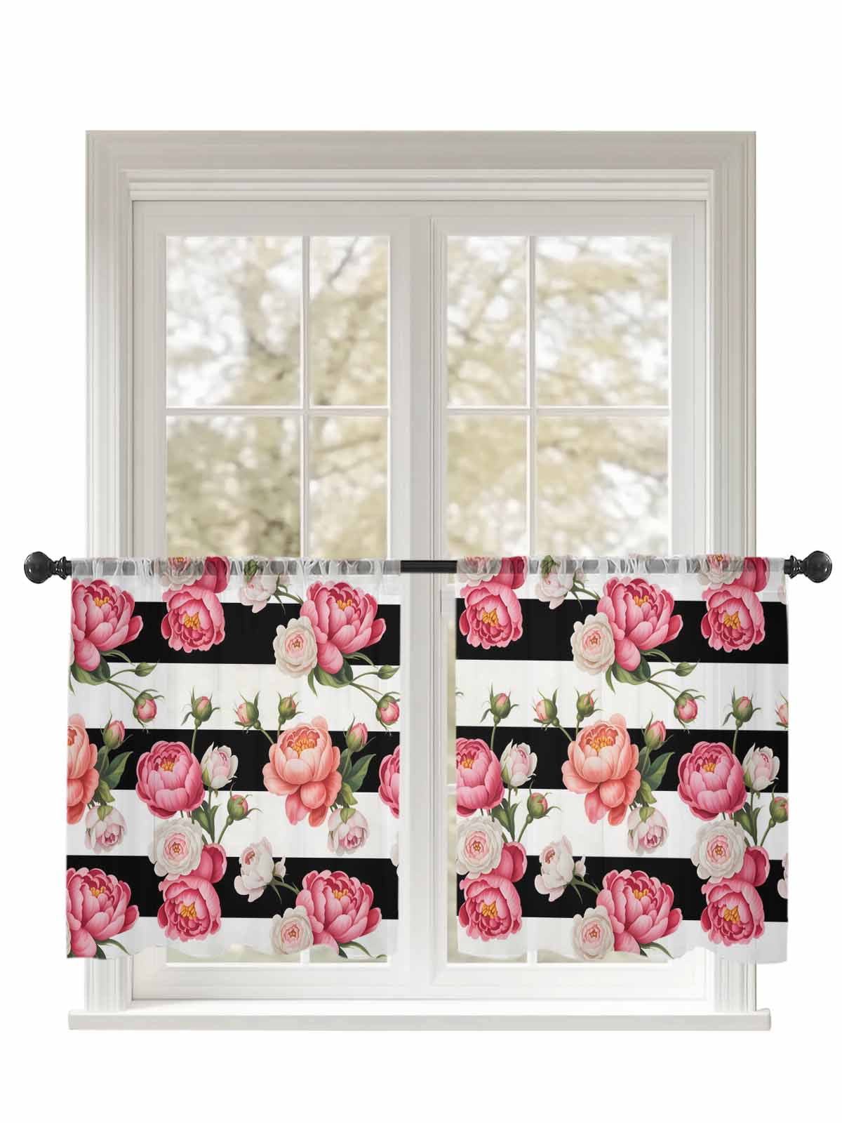 Pink Peony Sheer Curtains 2 Panels Set Flowers Black And White Stripes ...