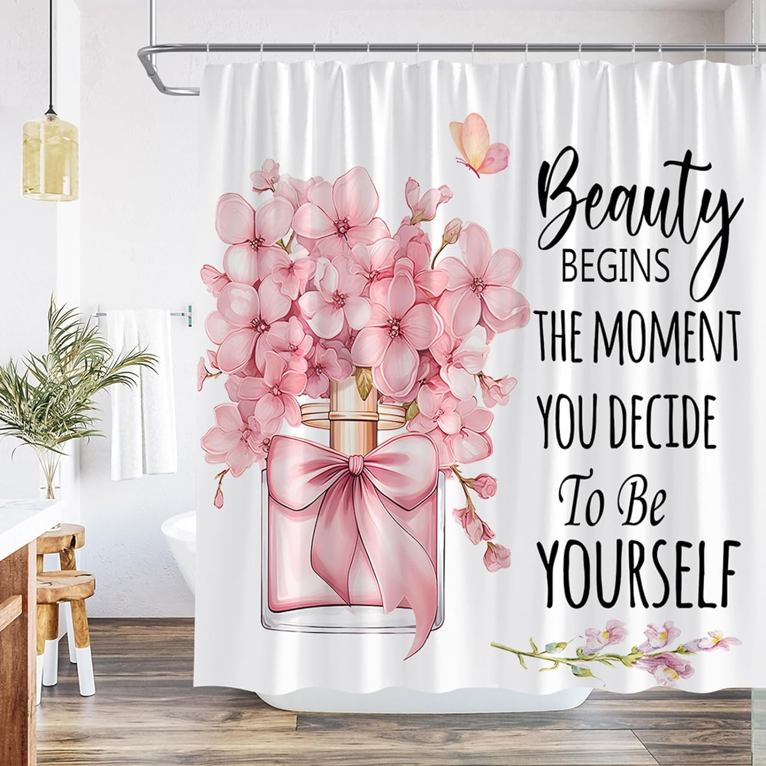 Pink Perfume Bottle Shower Curtain Girls Women Fashion Floral