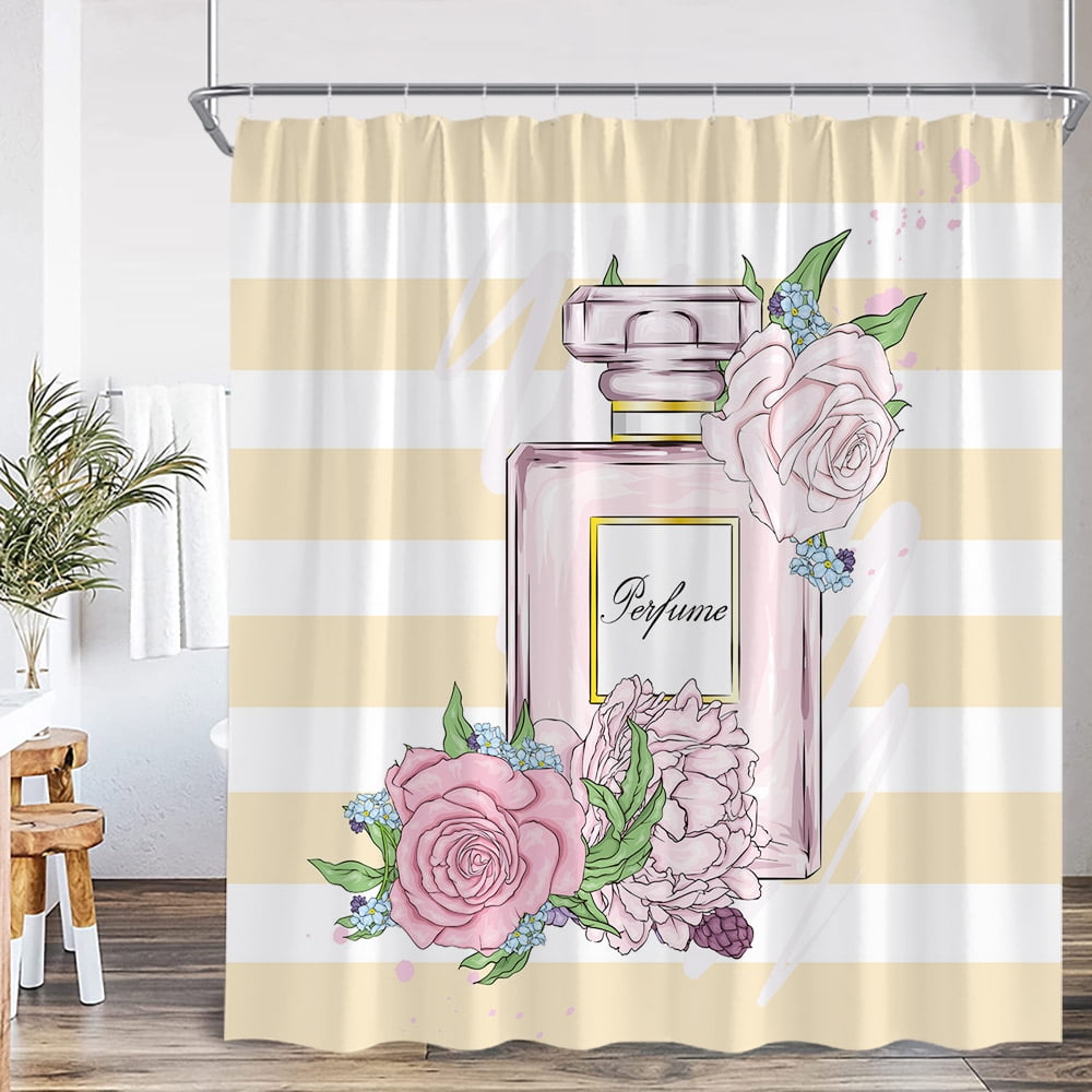 Pink Perfume Bottle Shower Curtains Pink Flowers Cosmetics High-heels ...