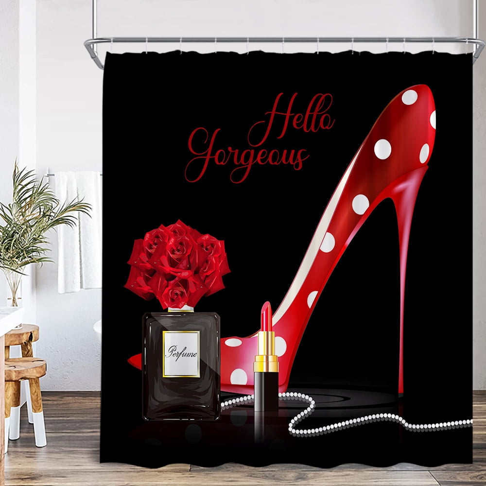 Pink Perfume Bottle Shower Curtains Pink Flowers Cosmetics High-heels ...