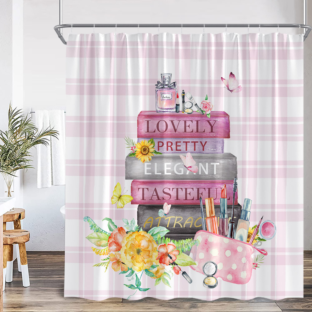 Pink Perfume Bottle Shower Curtains Pink Flowers Cosmetics High-heels ...