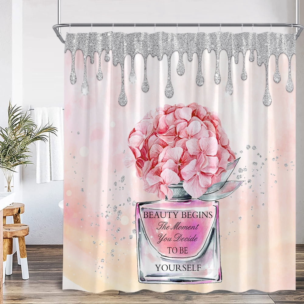 Pink Perfume Bottle Shower Curtains Pink Flowers Cosmetics High-heels ...