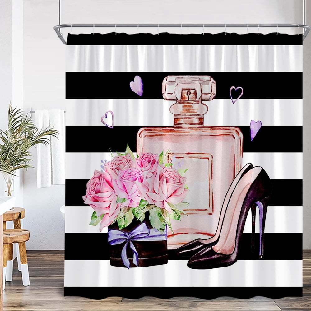 Pink Perfume Bottle Shower Curtains Pink Flowers Cosmetics High-heels ...