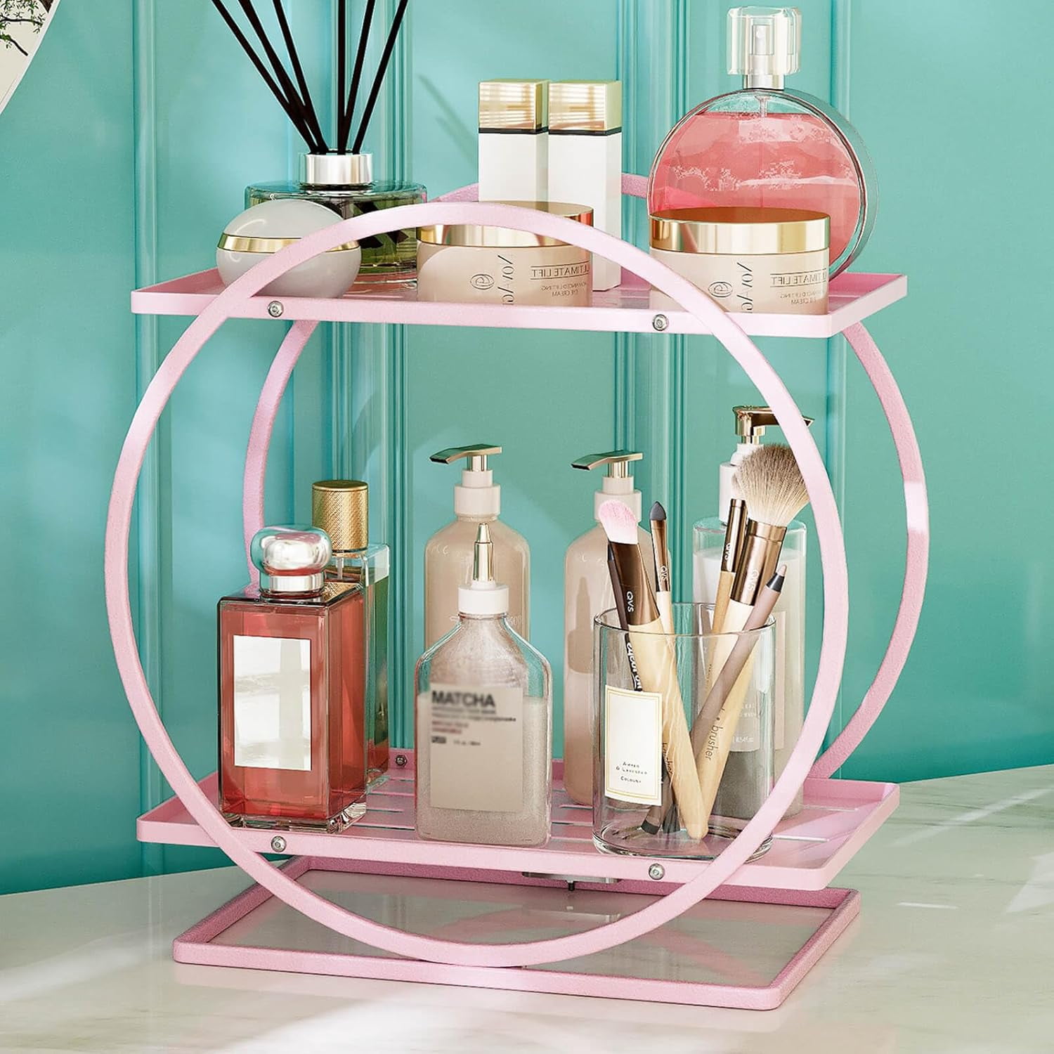 Pink Perfume Organizer for Dresser, Elegant Round Makeup Organizer ...