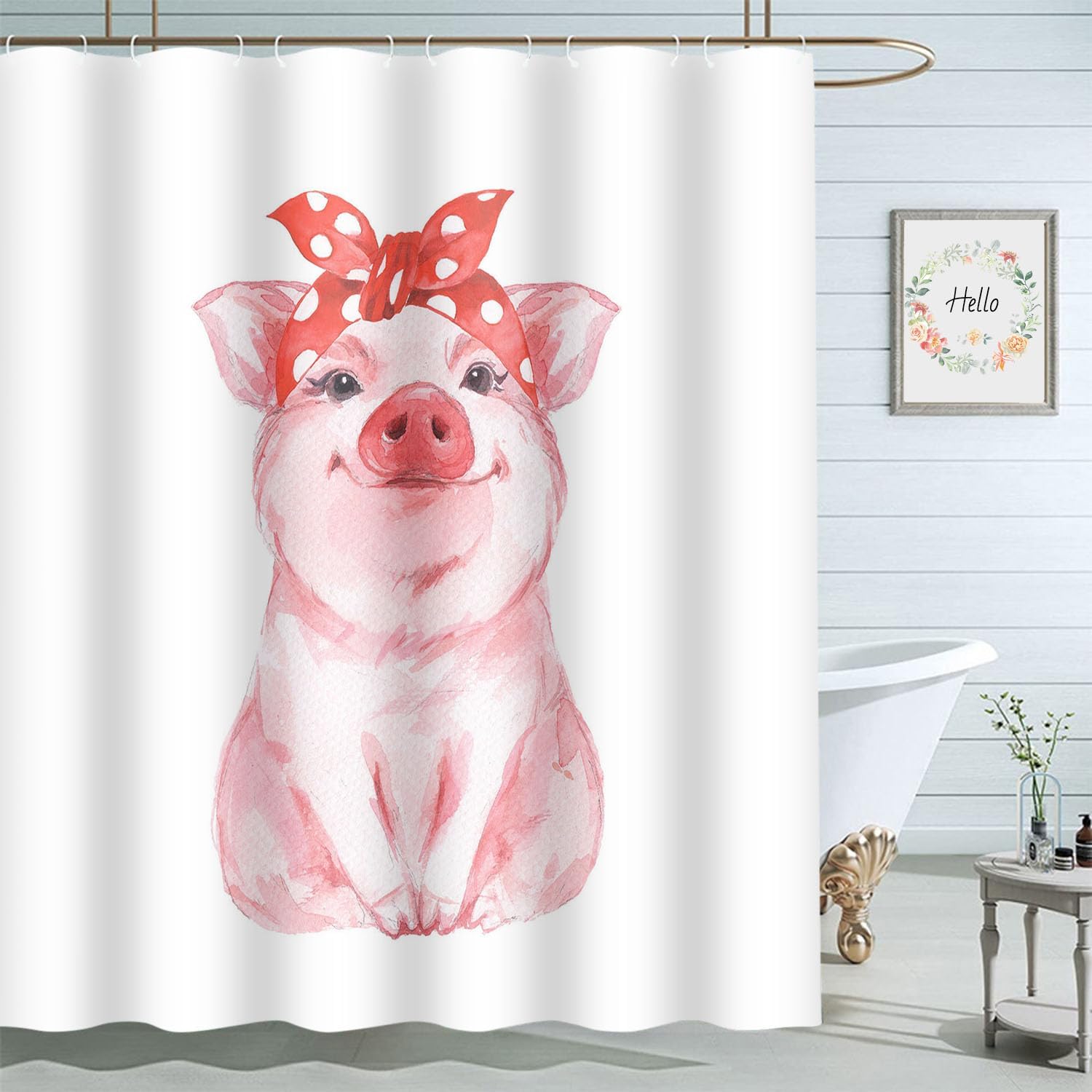 Pink Pig Bathroom Curtains Farm Animal Sketch with Red Headband Home ...