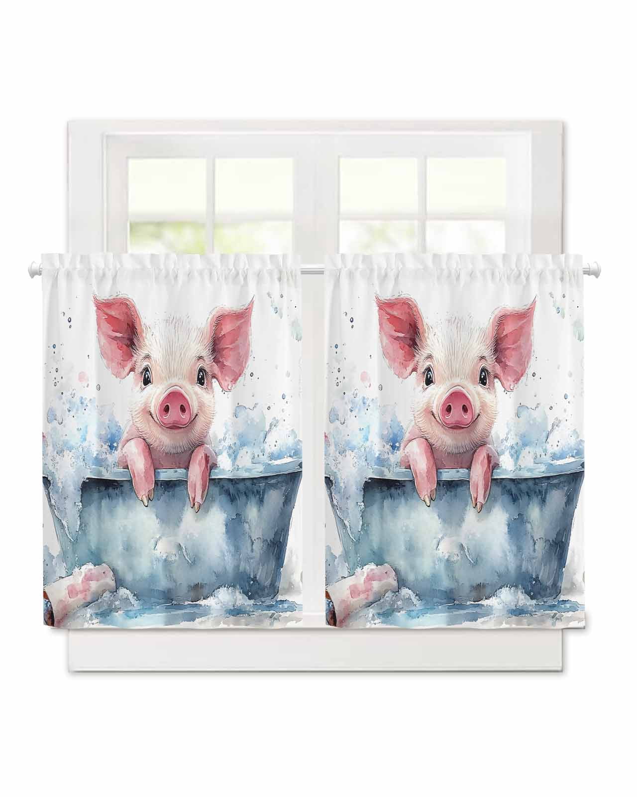 Pink Pig Bathtub Short Blackout Curtains 36 Inch Long,Abstract Funny ...