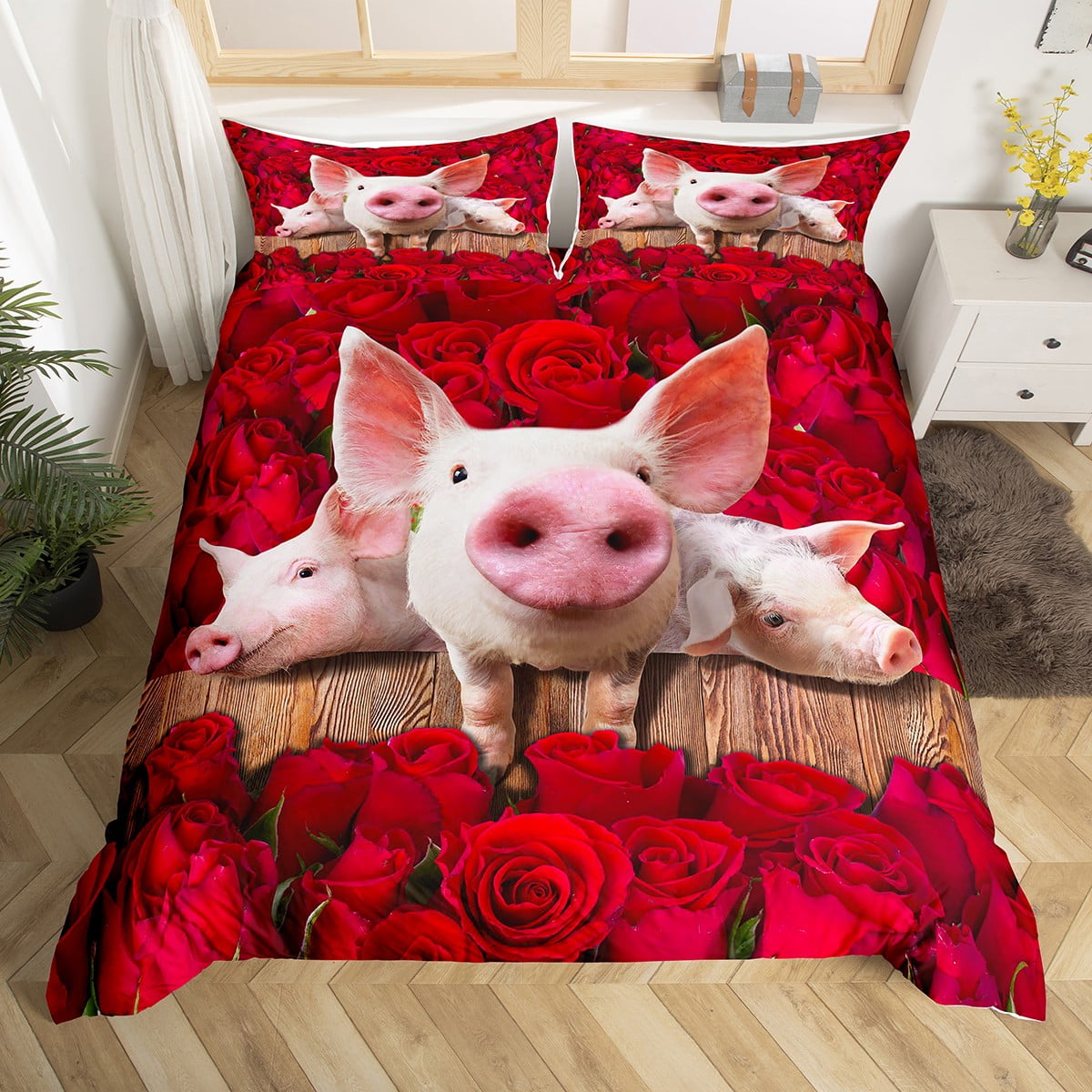 Pink Pig Bedding Set Red Rose Bush Comforter Cover for Boys Girls Women ...