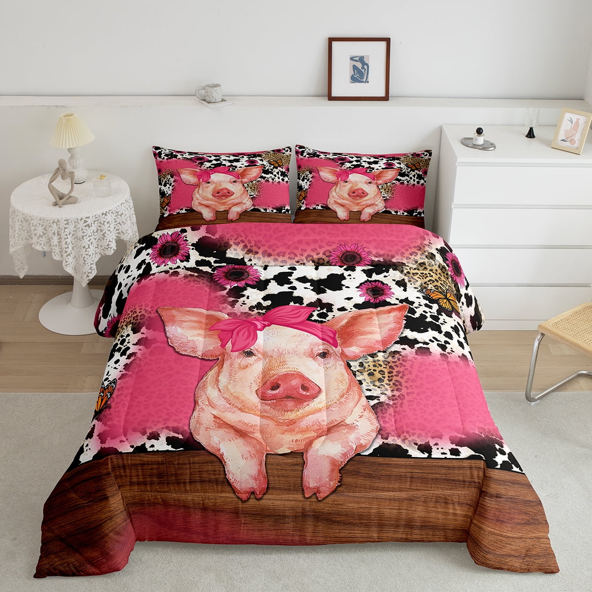 Pink Pig Comforter Set Black and White Cow Print Bedding Set King ...